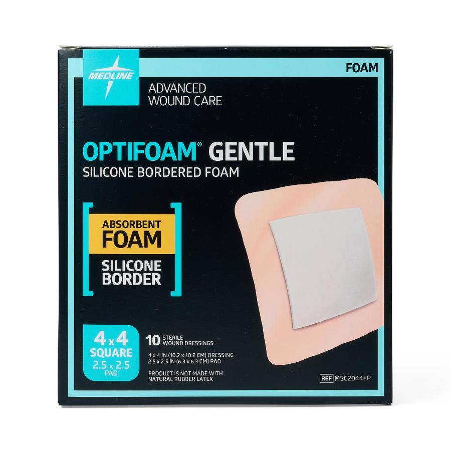 Medline Optifoam Gentle Foam Dressings with Silicone Adhesive Border, 4 x 4 Inches, Tan, Sterile ...