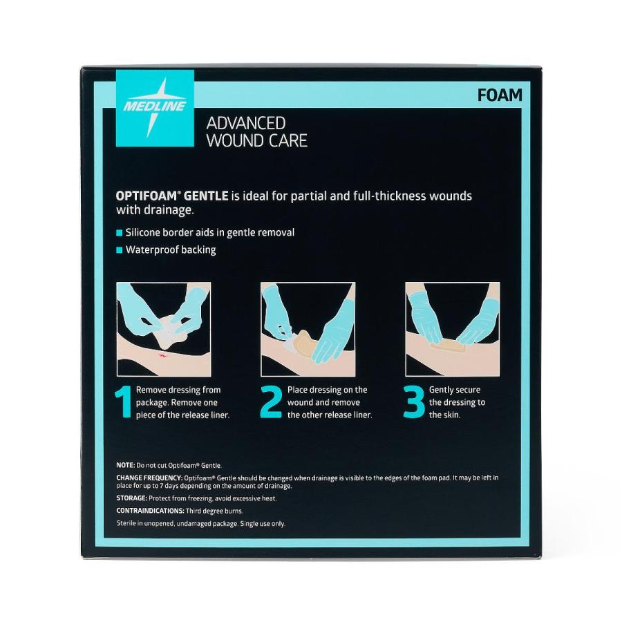 Medline Optifoam Gentle Foam Dressings with Silicone Adhesive Border, 4 x 4 Inches, Tan, Sterile ...