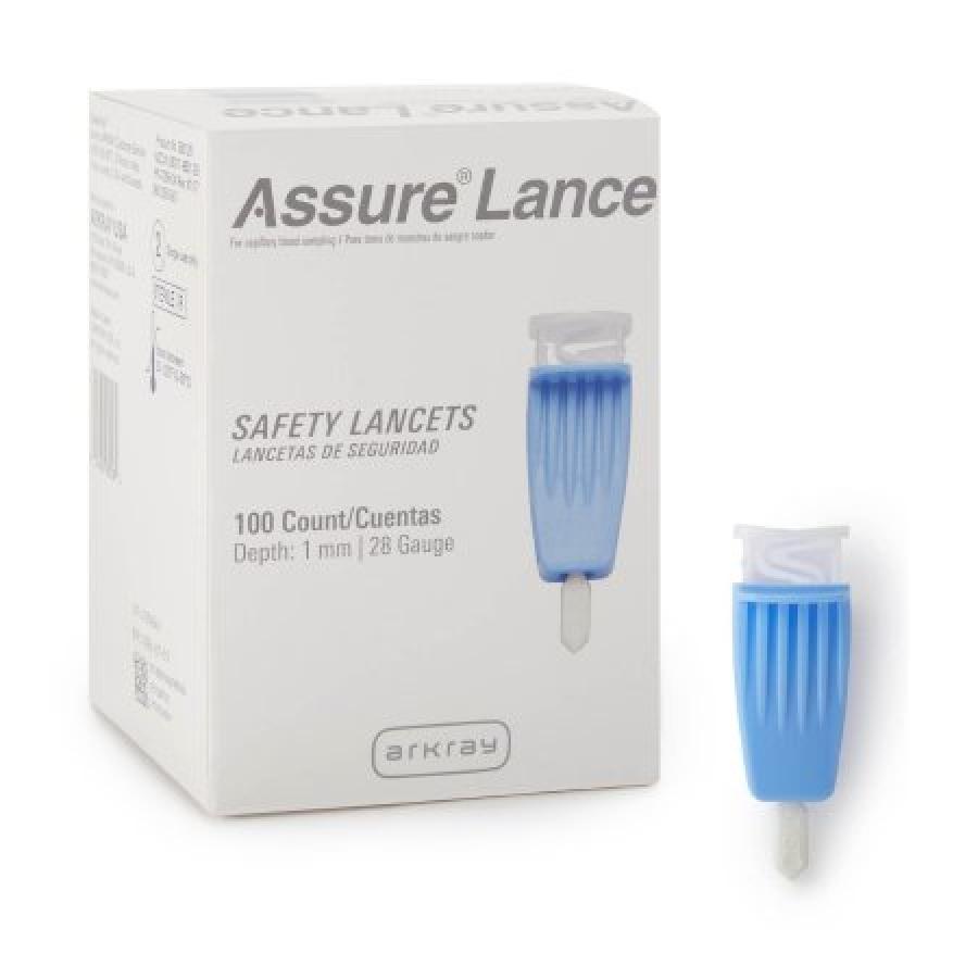ARKRAY Assure Safety Lancets, Light Blue, 28 Gauge Needle, Fingertip, 1.0 mm Depth, Protective ...