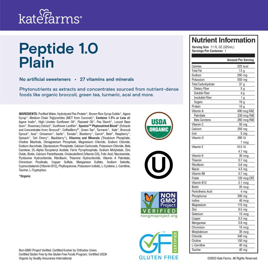 Kate Farms Peptide 1.0 Formula, Plain Flavor, 11 Oz. Carton, For Oral ...